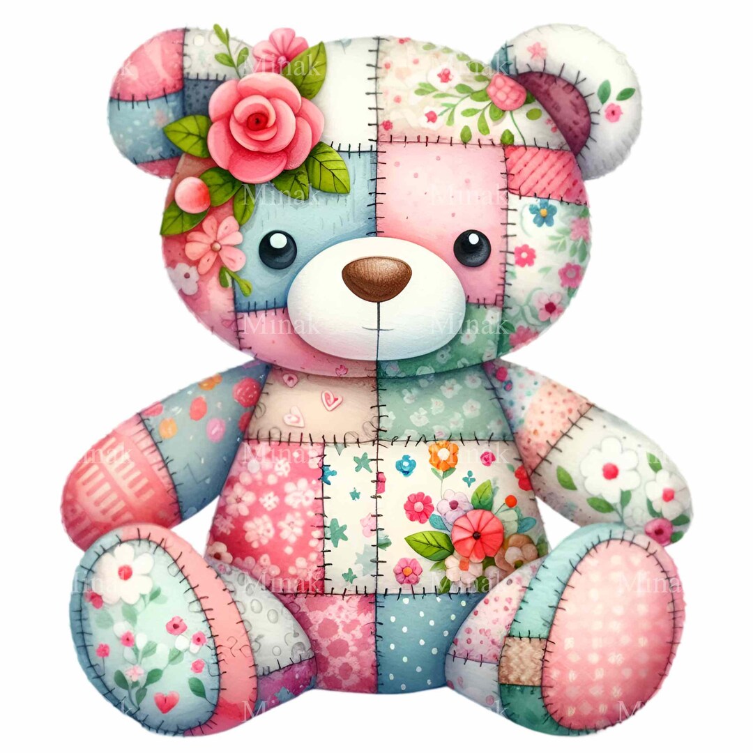 Patchwork Bear PNG Clipart | 12 Cute Quilted Bear Illustration | Floral ...