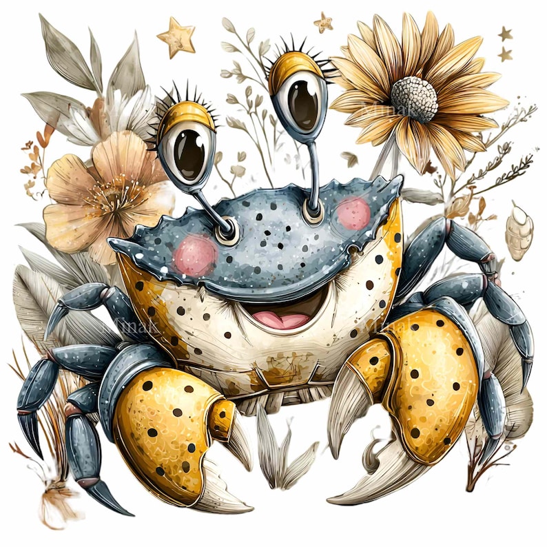14 PNG Floral Crab Clipart – Cute Sea Animal PNG – Beach Ocean With ...