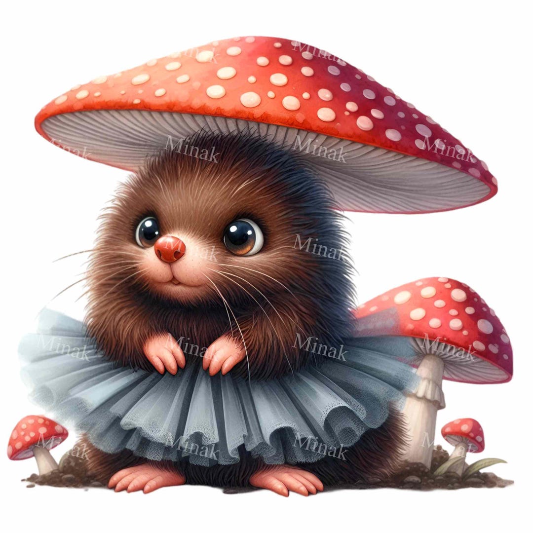 12 Mole With Mushroom Clipart PNG Cute Fluffy Mole in Tutu Whimsical ...