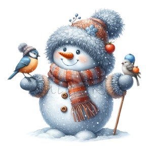 Cute Snowman Clipart With Bird, Winter Hat and Scarf Illustration, 14 ...