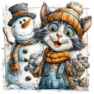 15 PNG Winter Cat and Snowman Clipart – Cute Cold Weather PNG – Holiday ...