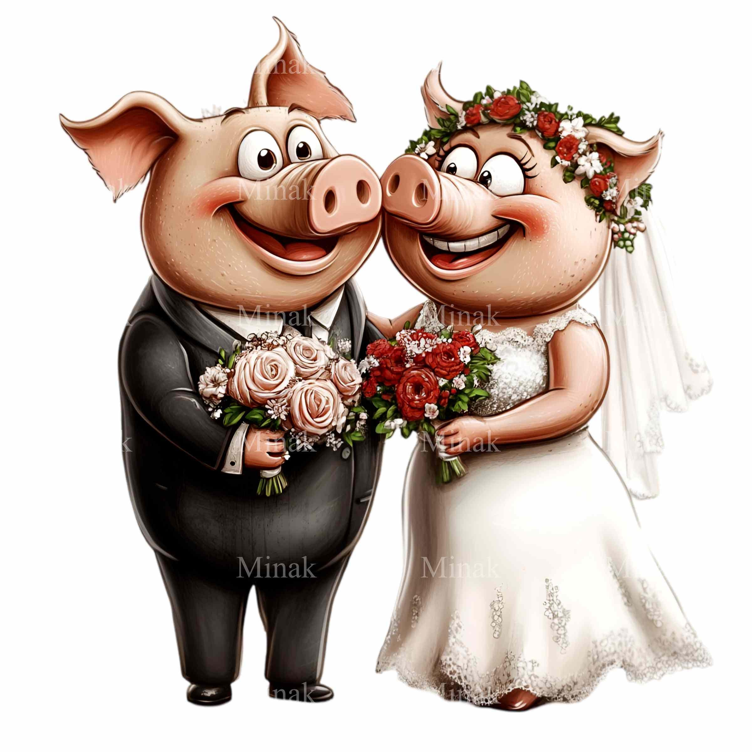 12 PNG Wedding Pigs Clipart – Bride Groom Pig Illustration, Funny Farm ...