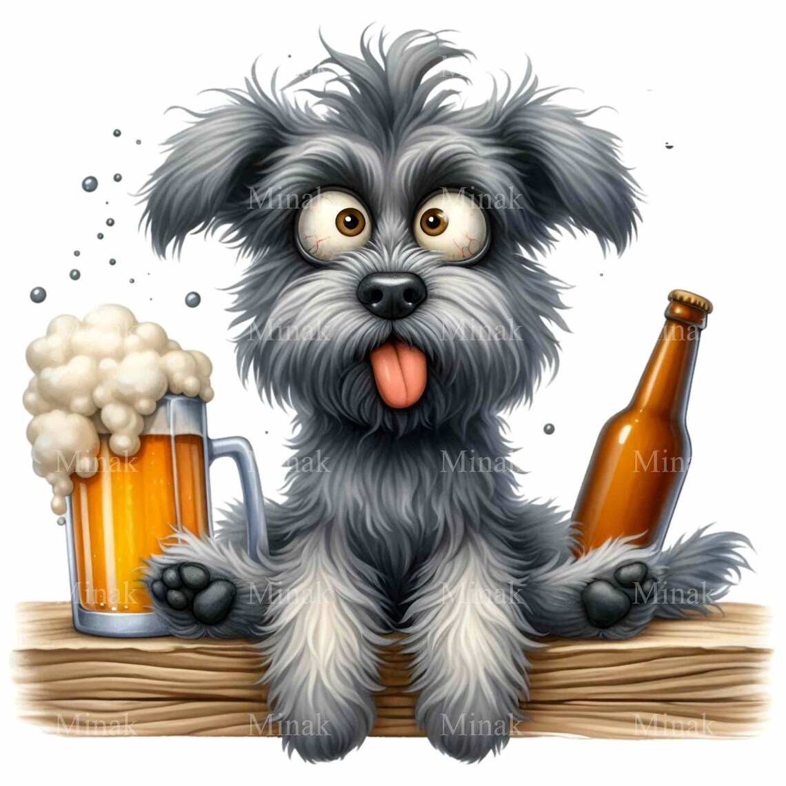 12 Funny Dog PNG Clipart, Scruffy Pup With Beer Mug and Bottle, Cute ...