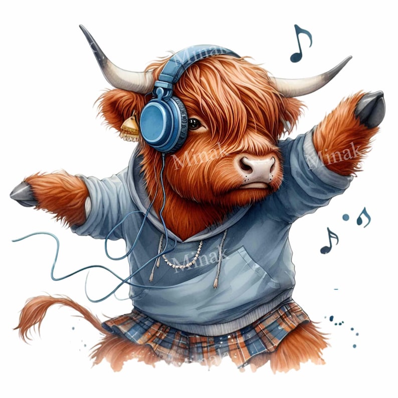 15 PNG Highland Cow Headphones Music Lover Clipart, Dancing Heifer ...