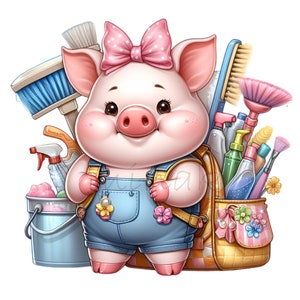 Pig Clipart PNG, 12 Watercolor Cleaning Housework Clip Art, Spring ...