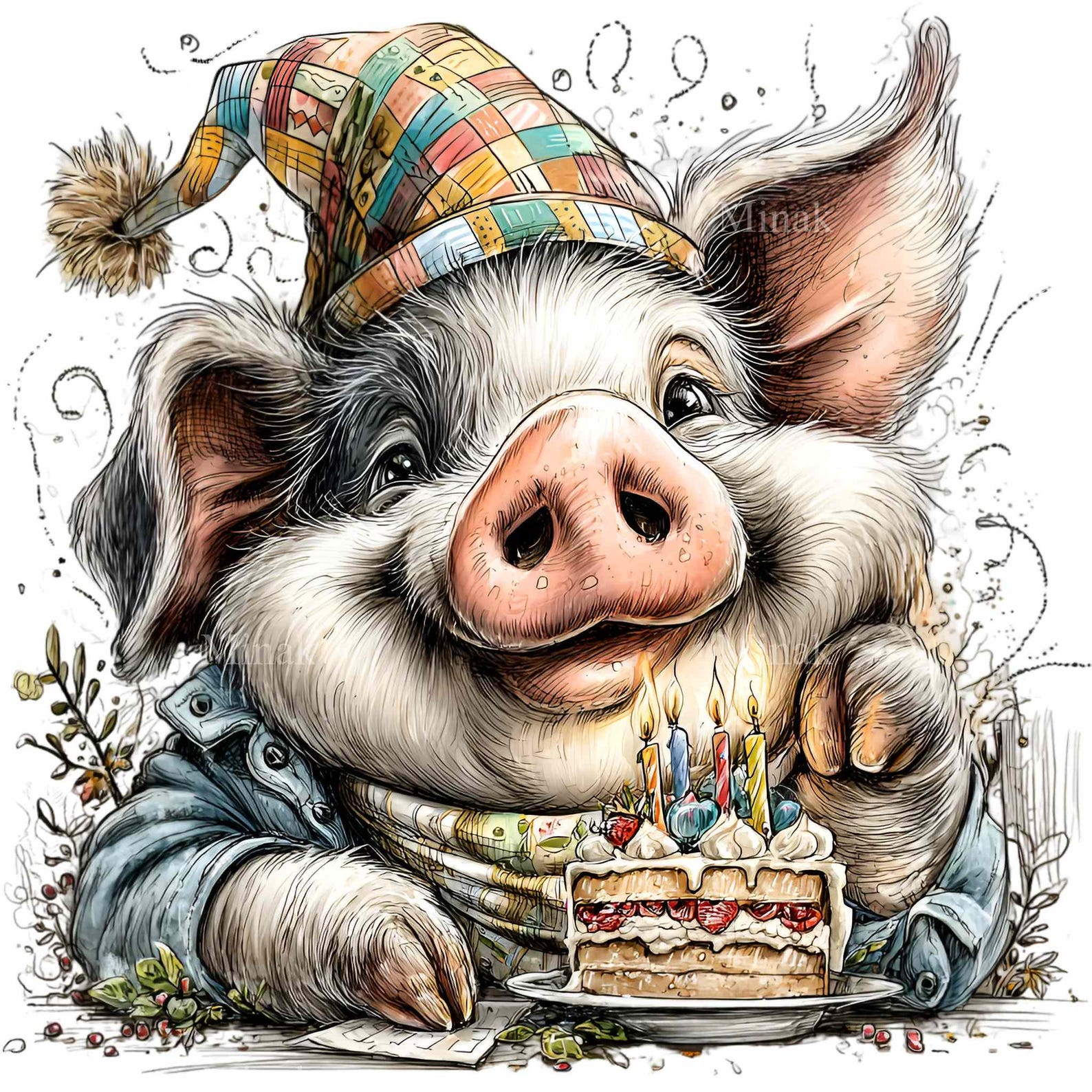 12 PNG Birthday Pig Clipart, Farm Animal Cake Sublimation, Piglet Hat ...
