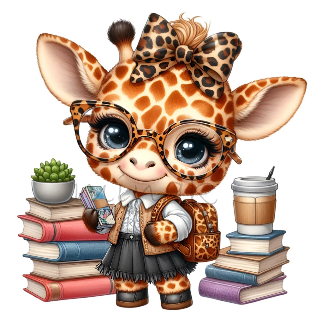 12 Cute Nerdy Giraffe PNG, Adorable School Giraffe With Glasses & Books ...