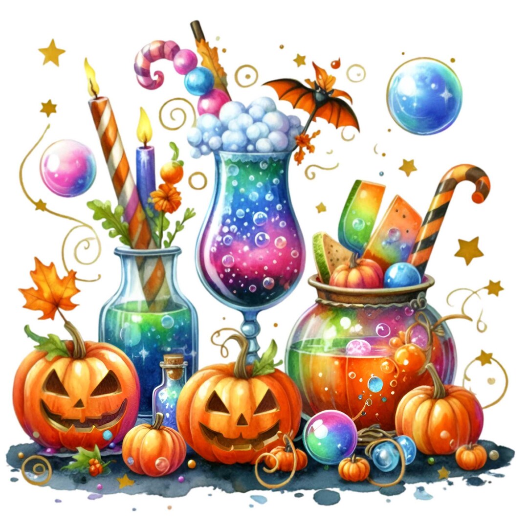 Colorful Halloween Potions and Pumpkins Watercolor Clipart 12 Festive ...