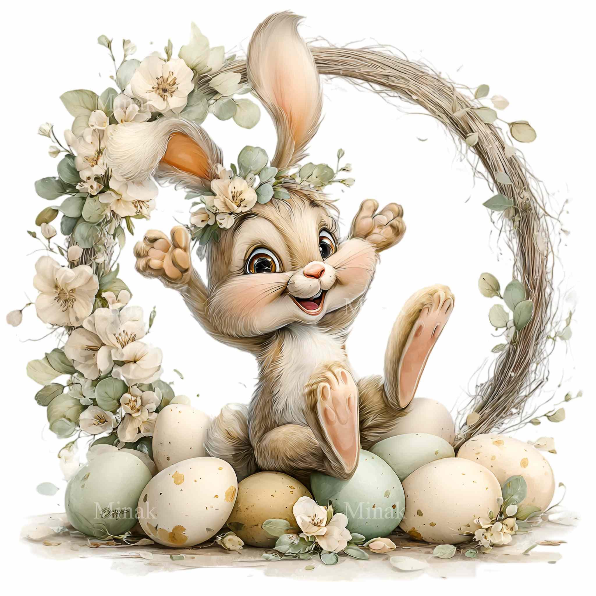 15 PNG Spring Bunny, Easter Rabbit Clipart With Eggs Floral Wreath ...