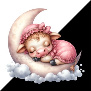 12 PNG Sleeping Calf Clipart – Baby Cow on Moon PNG – Nursery Animal ...