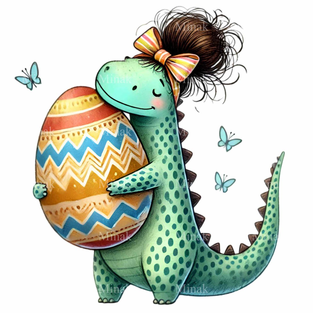 12 Cute Dinosaur With Easter Egg PNG Clipart, Green Dino Holding ...