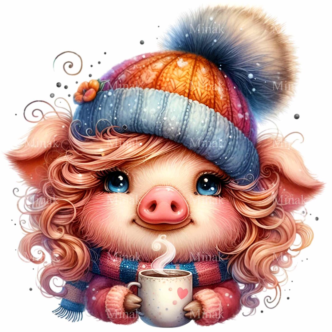 12 Pig Hot Cocoa Clipart PNG, Cute Pig With Beanie and Scarf, Winter ...