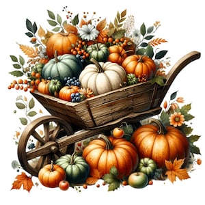 Rustic Wheelbarrow of Pumpkins Clipart, Fall Harvest Decor, Autumn ...
