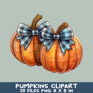 Autumn Pumpkin Clipart With Plaid Bow and Flowers 20 Fall Harvest PNG ...