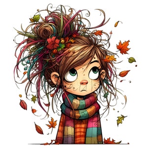 Funny Girl Fall Leaves Autumn 14 PNG Graphics Cartoon Illustration ...