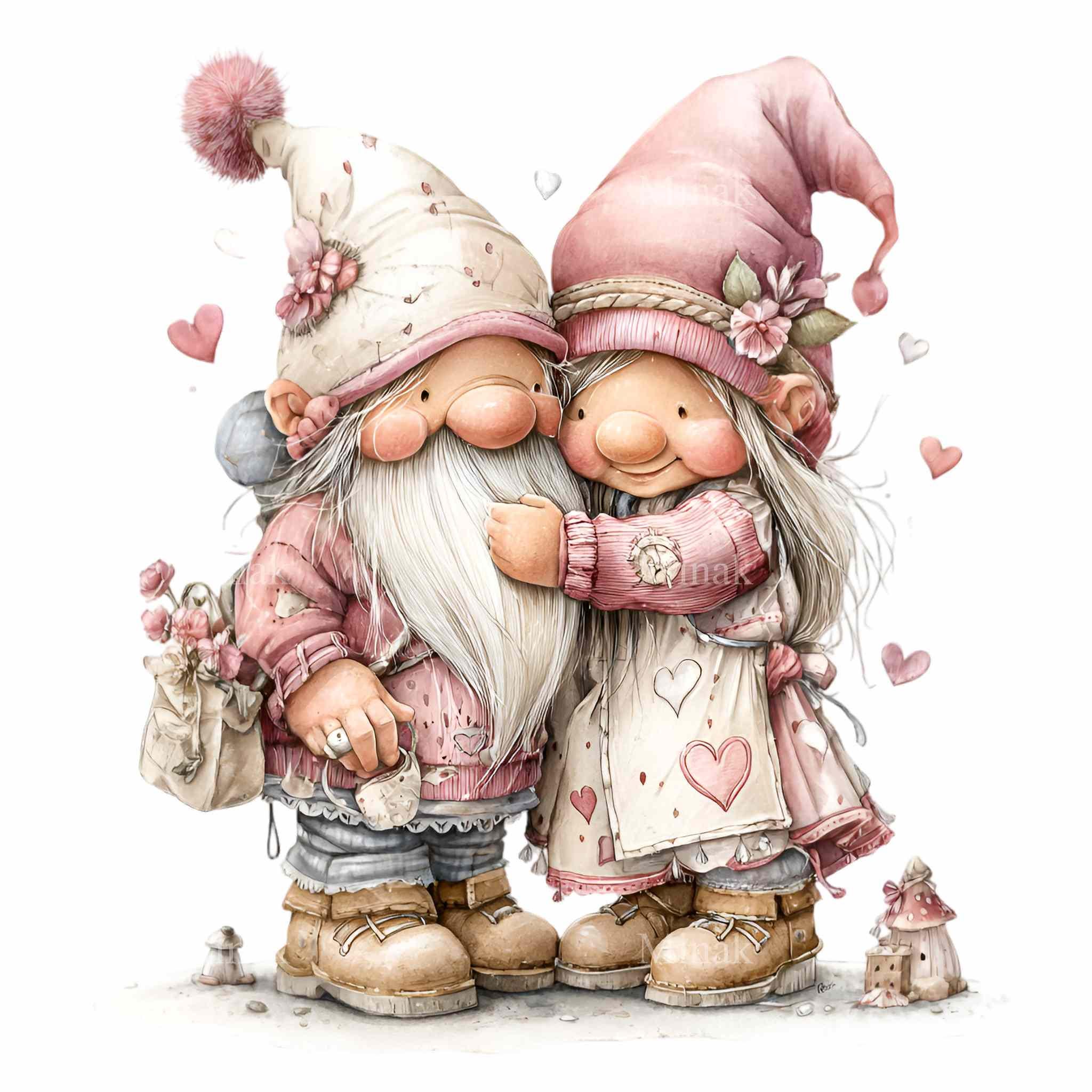 15 PNG Gnome Couple Clipart, Watercolor Love Gnomes Hugging Hearts ...