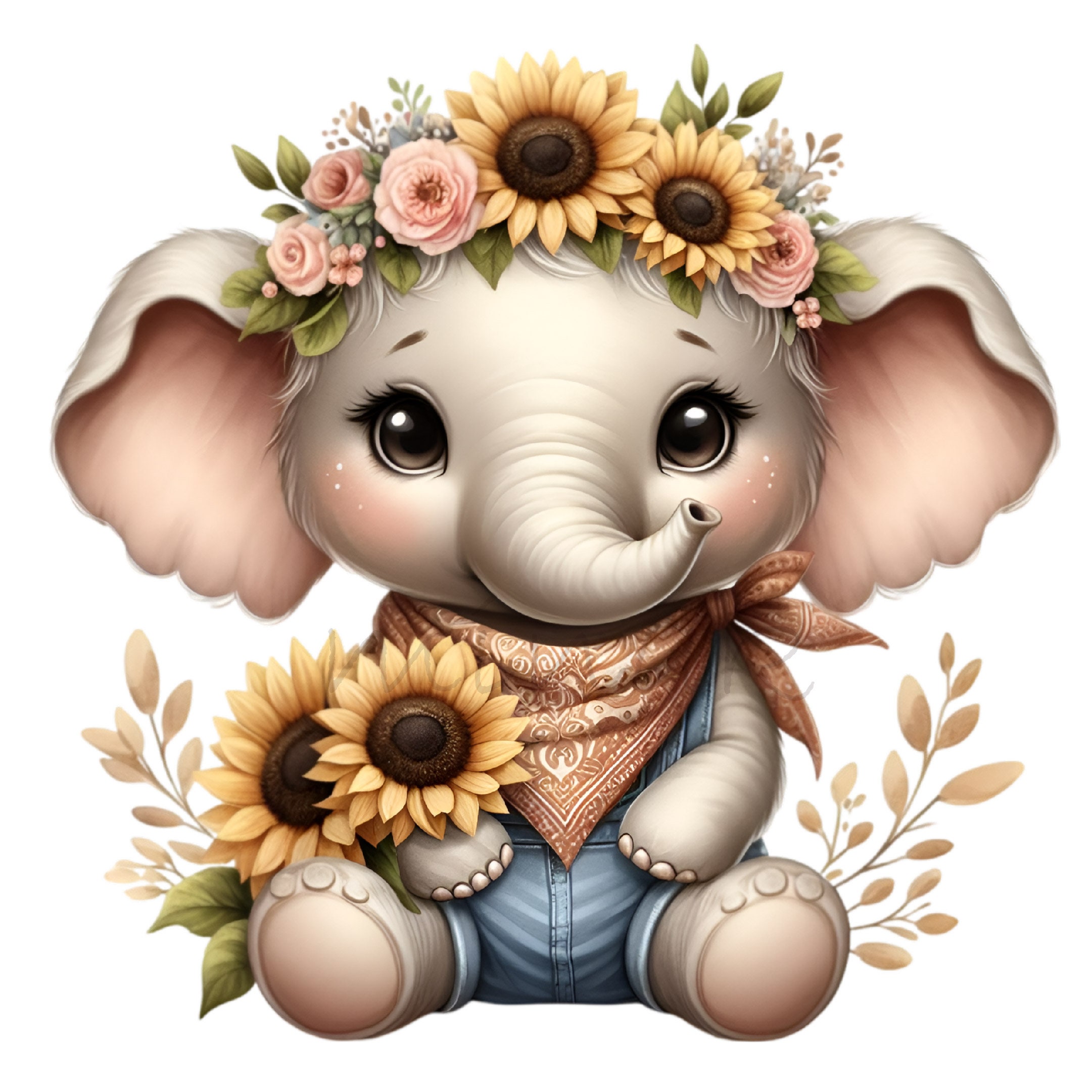 12 PNG Elephant Sunflower Farm Animal Clipart, Nursery Digital Download ...