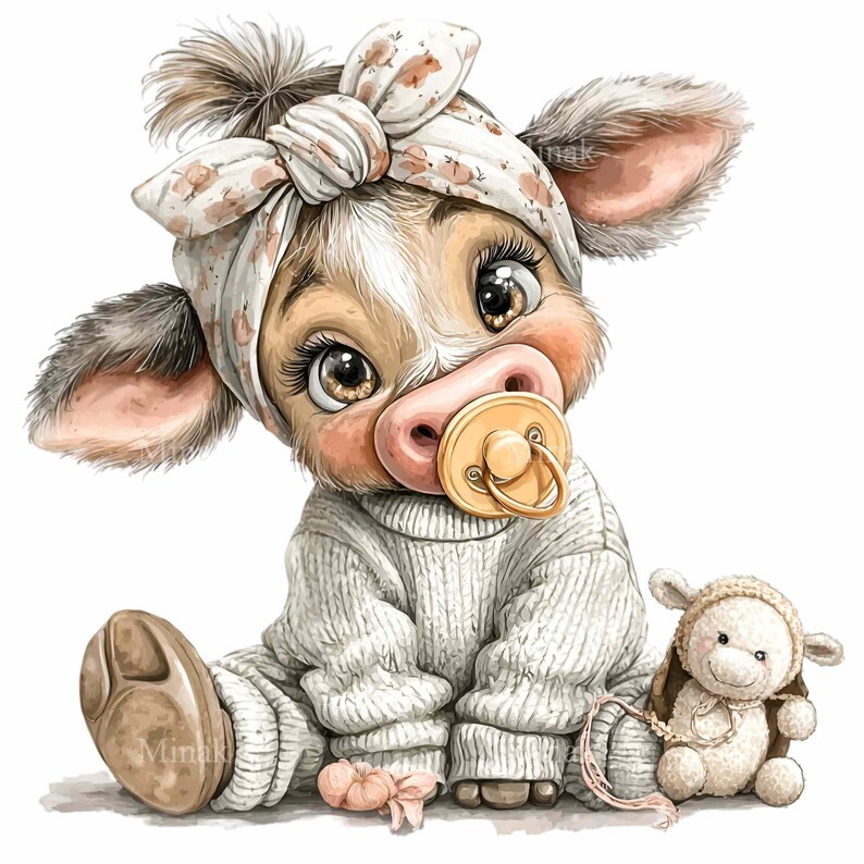 16 PNG Baby Cow Clipart – Newborn Calf With Pacifier and Headband for ...
