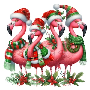 Christmas Flamingos Clipart, 12 Festive Holiday Flamingo PNG, Santa and ...