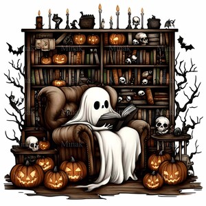 10 PNG Ghost Reading Clipart – Spooky Halloween Library PNG – Cute ...