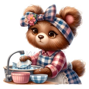 Funny Bear Wash Dishes Rustic Kitchen Clipart 15 PNG Illustration - Etsy
