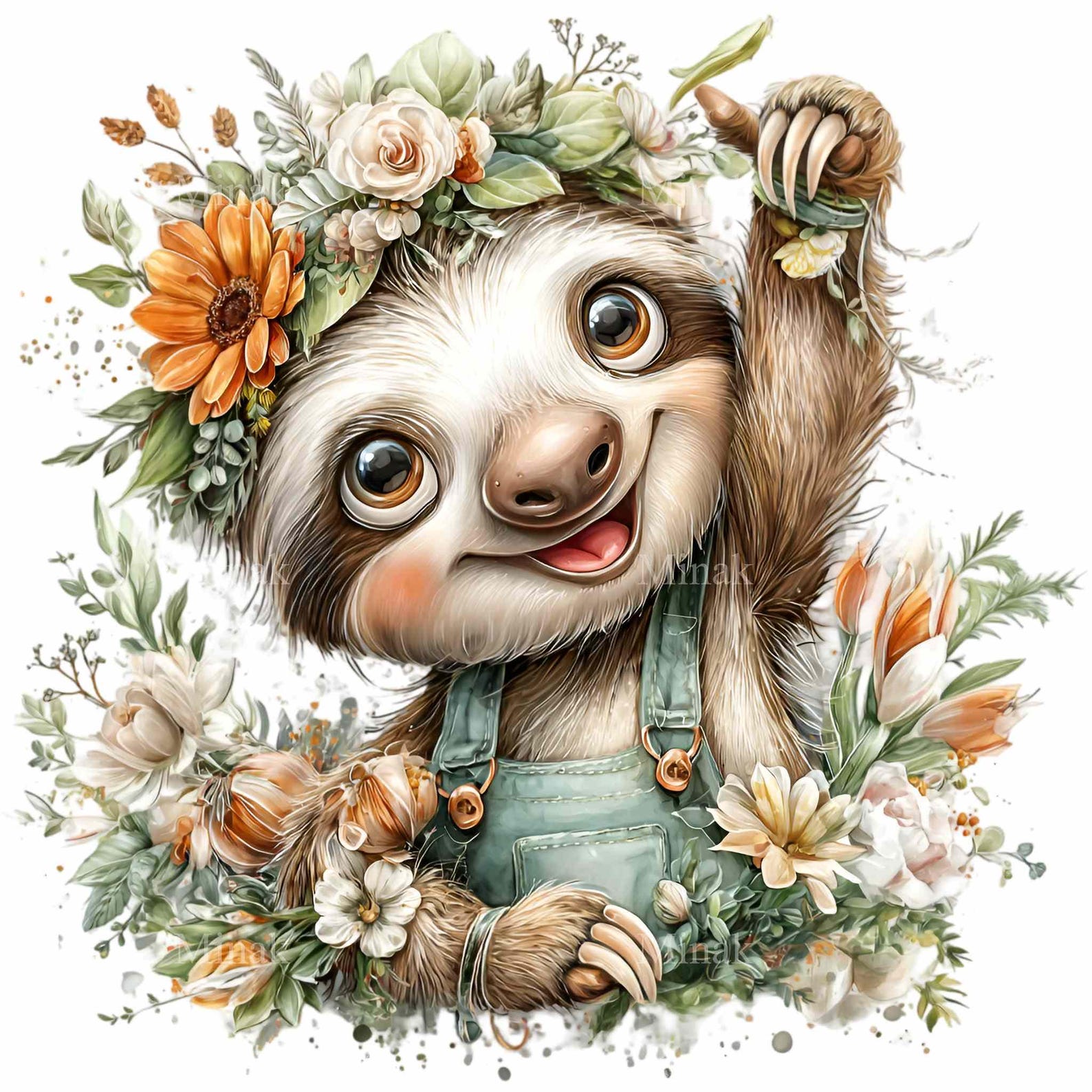 14 PNG Sloth Clipart Floral Portrait Illustration, Watercolor Woodland ...
