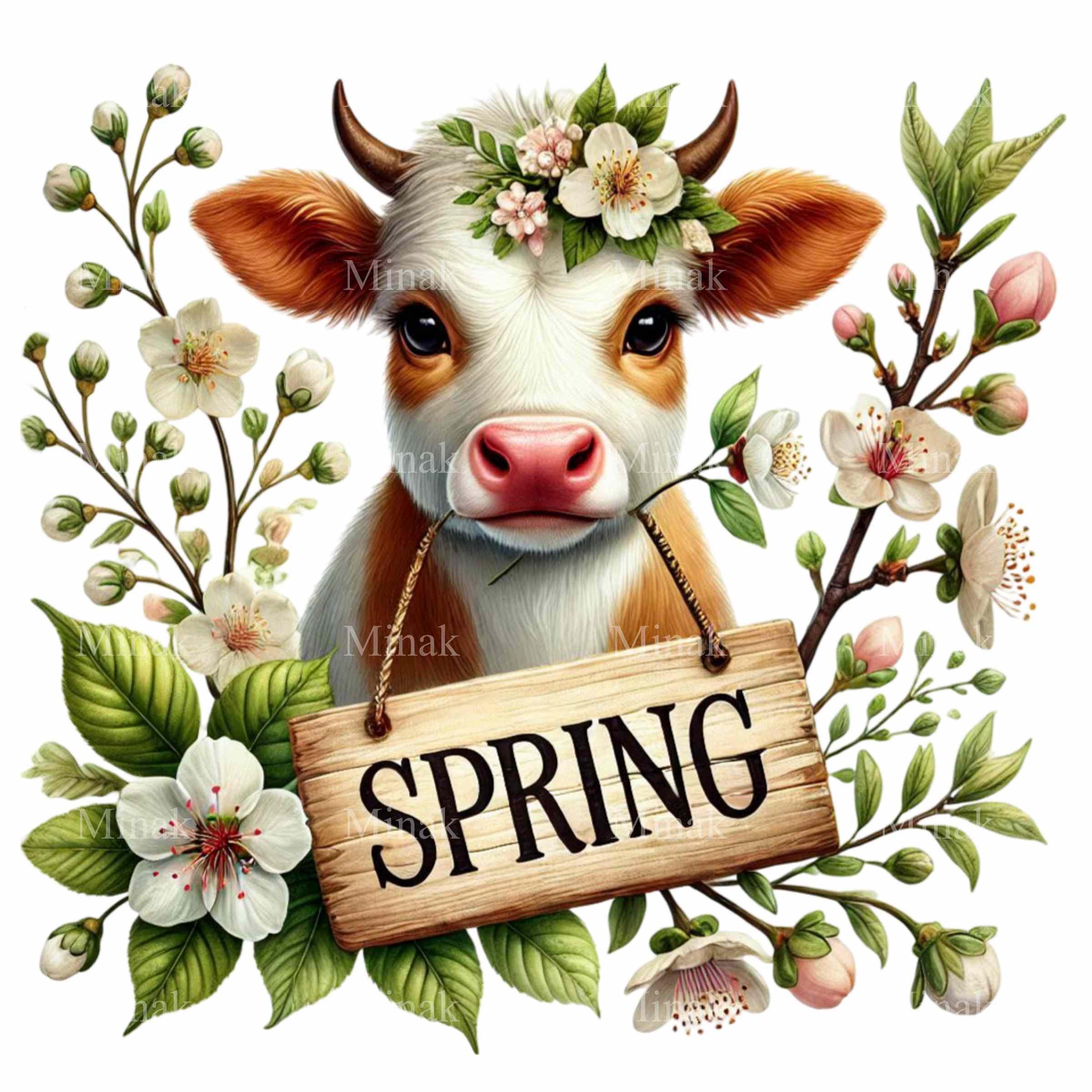 8 PNG Cow Clipart, Spring Sign Illustration, Floral Farm Animal Nursery ...