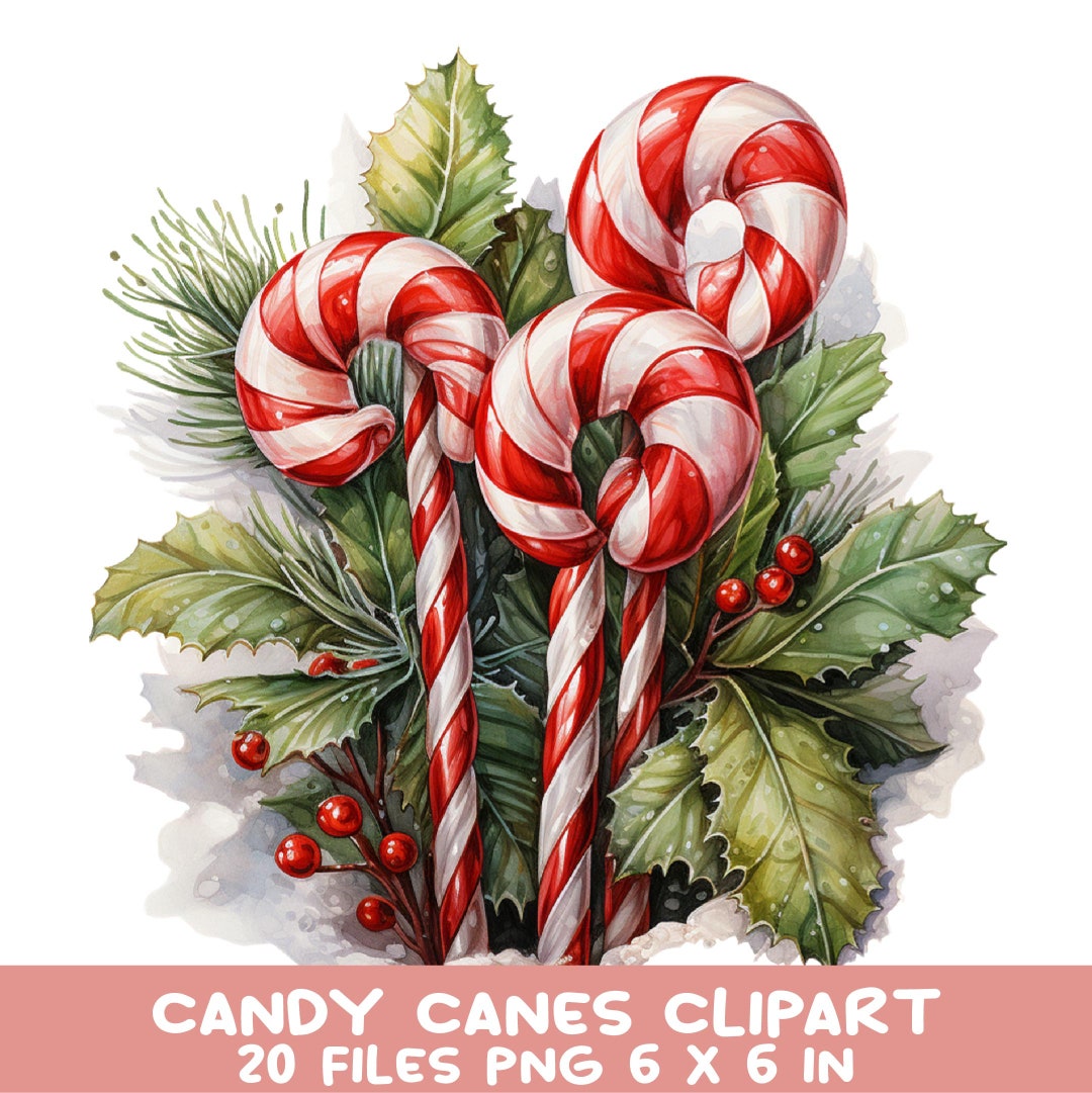 Candy Canes Clipart 20 Festive Watercolor Candy Canes With Holly and ...
