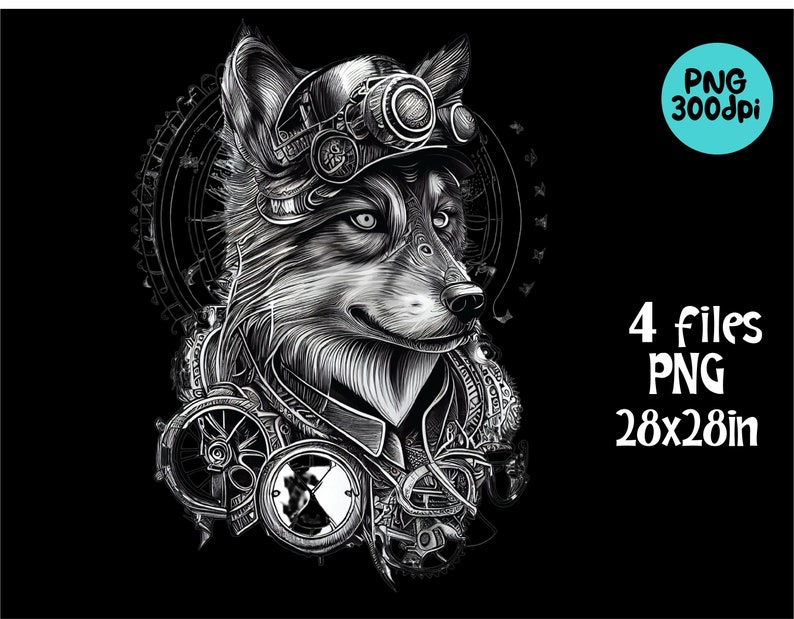 Steampunk Wolf PNG Clipart Watercolor Mechanical Wolf Head - Etsy