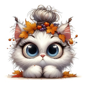 Adorable Fluffy Cat Clipart With Autumn Leaves and Pumpkins | Cute Fall ...