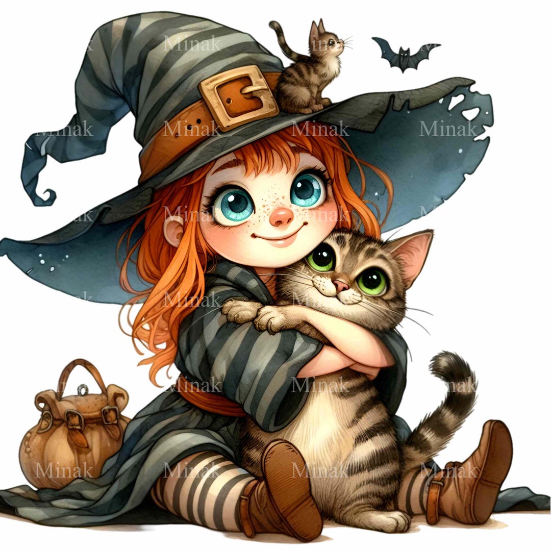 15 Cute Witch Girl Hugging Cat PNG Clipart, Halloween Witch With ...