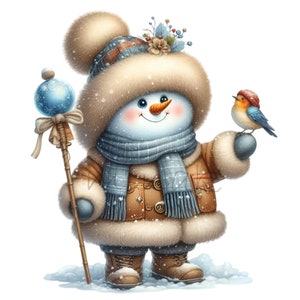 Cute Snowman Clipart With Bird, Winter Hat and Scarf Illustration, 14 ...