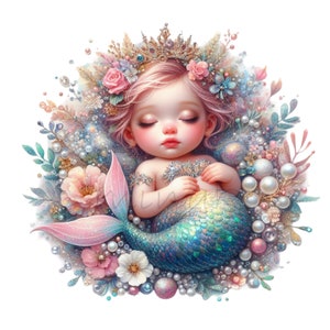 15 Mermaid Clipart PNG, Cute Baby Mermaid With Flowers and Crown ...