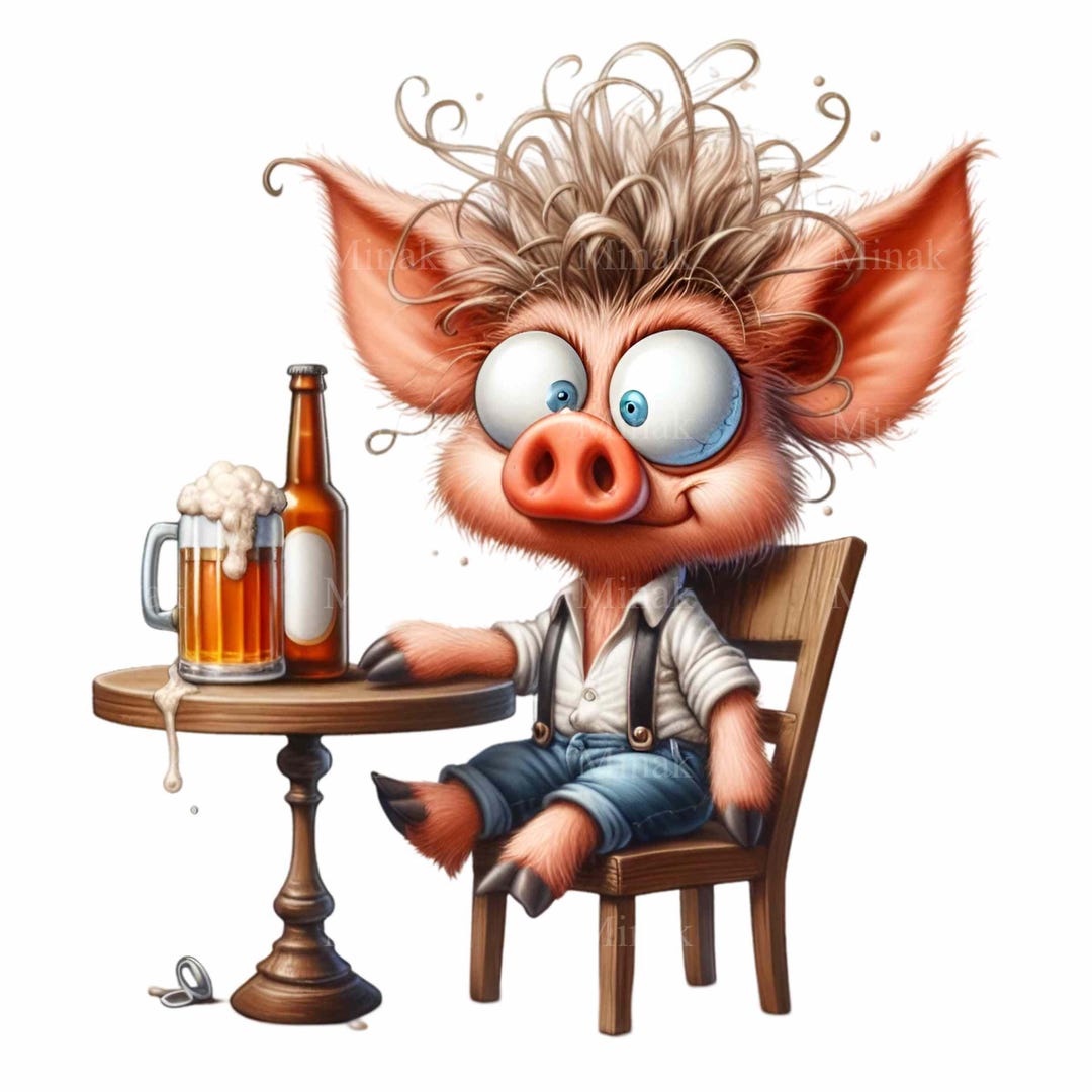 12 PNG Funny Drunk Pig With Beer Clipart, Cute Tipsy Piglet Drinking ...