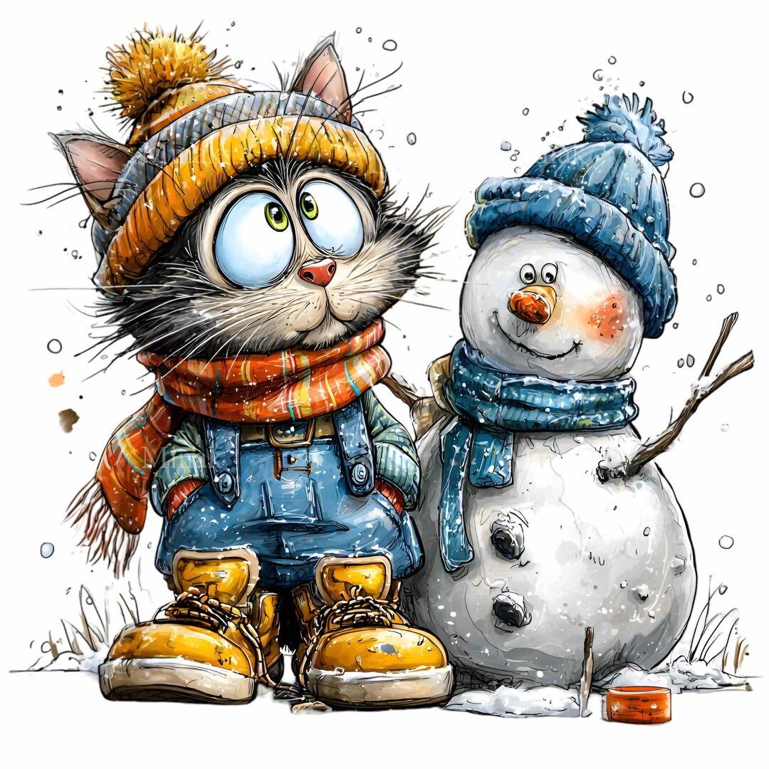14 PNG Winter Cat and Snowman Clipart – Funny Snow Day PNG – Cute ...