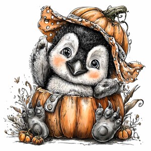 14 PNG Fall Animal Clipart – Pumpkin Penguin PNG – Cute Halloween Bird ...