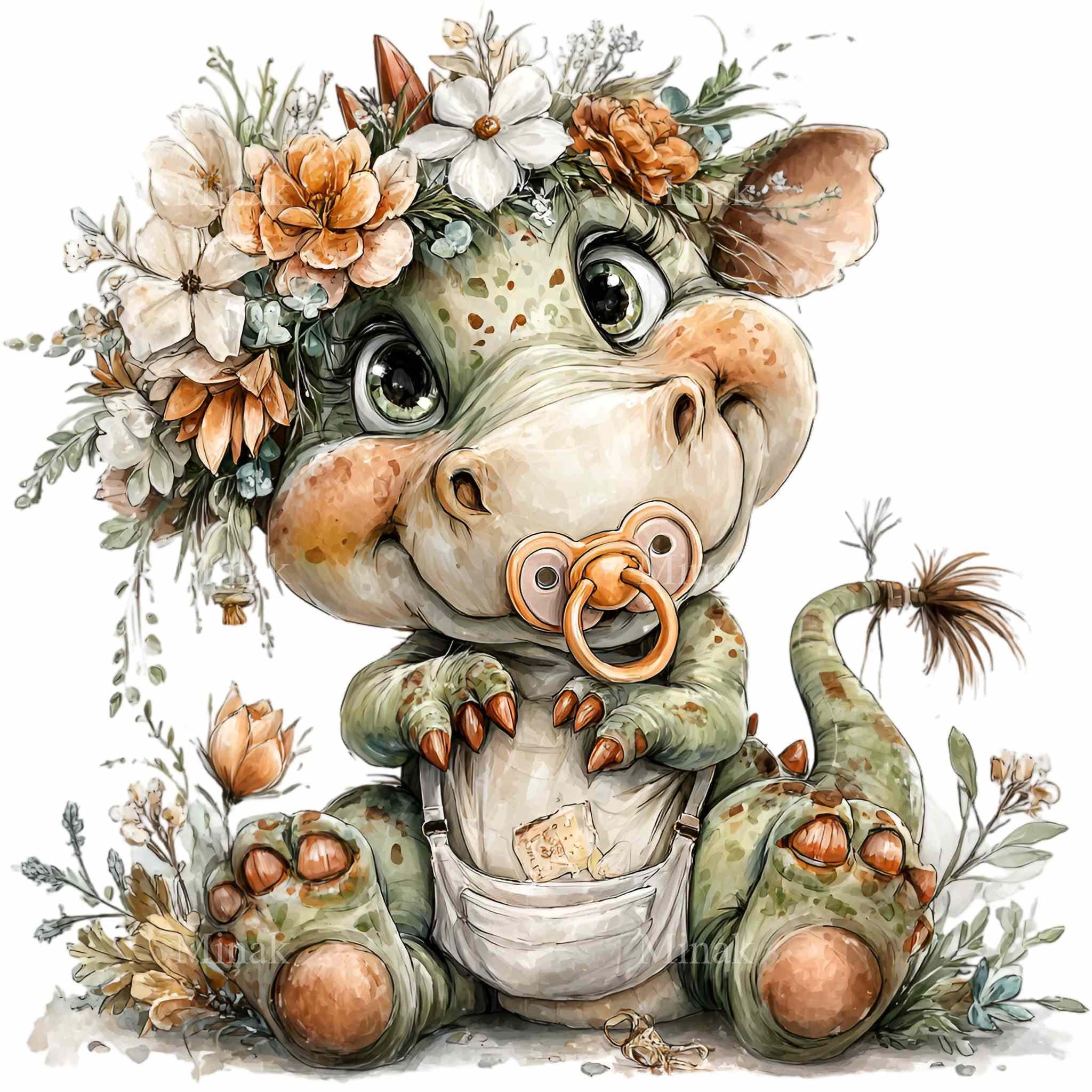 15 PNG Baby Dinosaur Clipart Floral Illustration, Watercolor Dino ...
