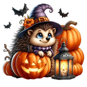 Hedgehog Witch Clipart With Pumpkins and Lanterns, Halloween Decor for ...