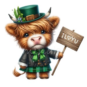 15 Cute Highland Cow PNG, St. Patrick’s Day Cow in Green Kilt and Hat ...