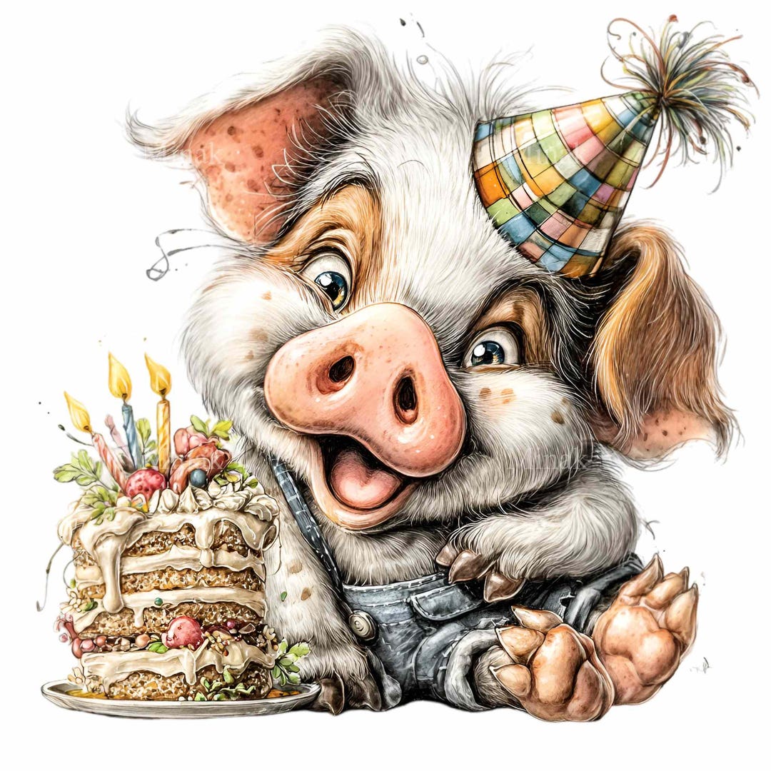 12 PNG Birthday Pig Clipart, Farm Animal Cake Sublimation, Piglet Hat ...