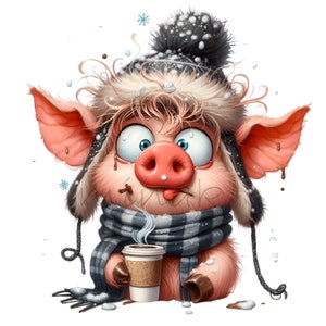 Funny Pig Drinking Coffee 12 PNG Comics Quirky Winter Animal Cartoon ...
