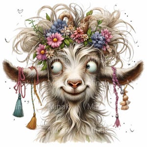12 Funny Goat PNG Clipart With Flower Crown, Fluffy Horned Farm Animal ...