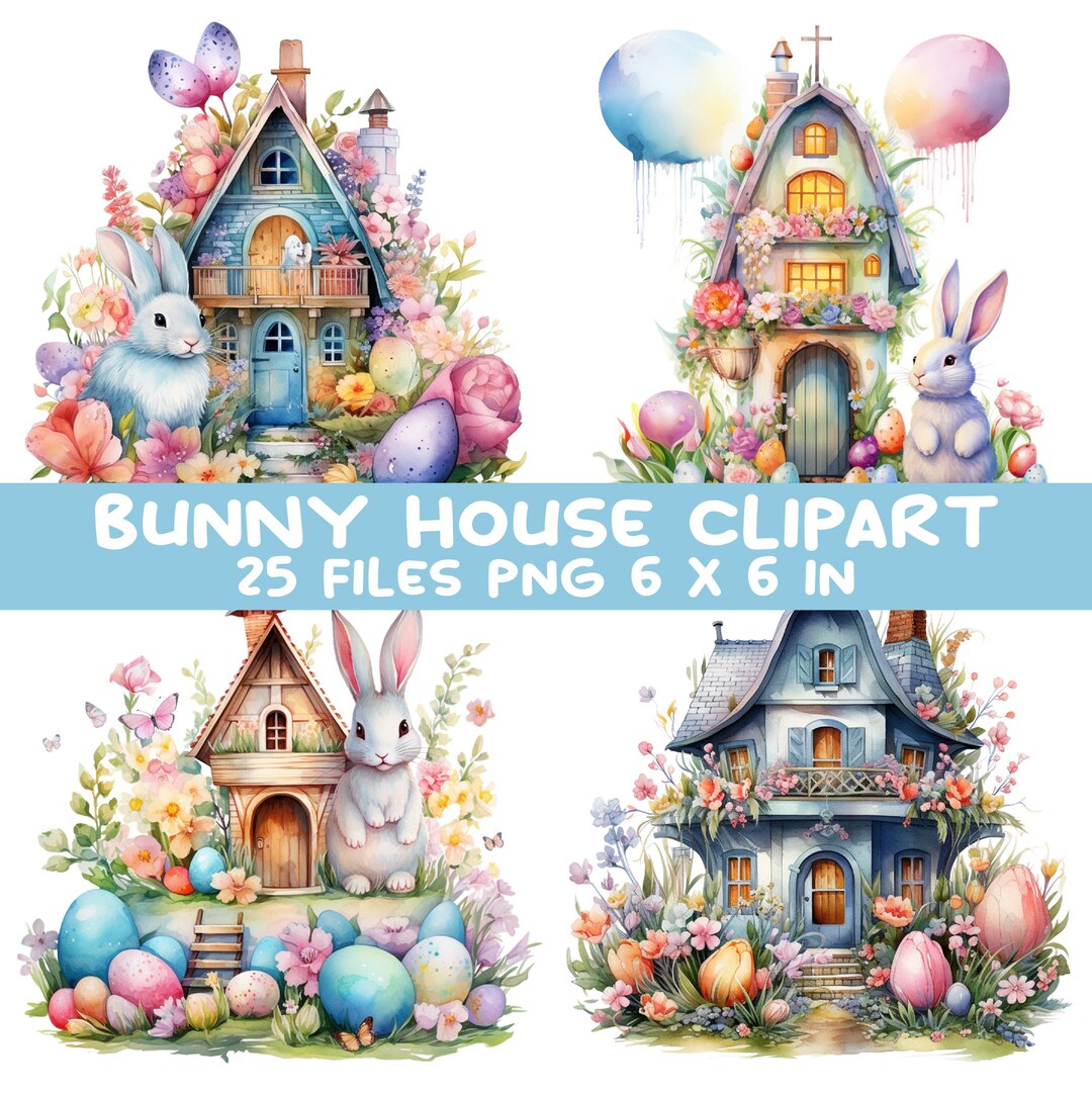 Bunny House Clipart Bundle 25 PNG Watercolor Spring Easter Baby Bunny ...