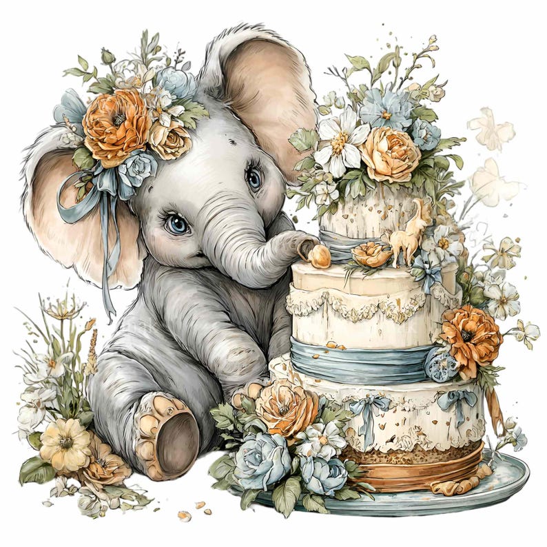 15 PNG Birthday Elephant Clipart – Cute Baby Animal PNG – Floral Cake ...