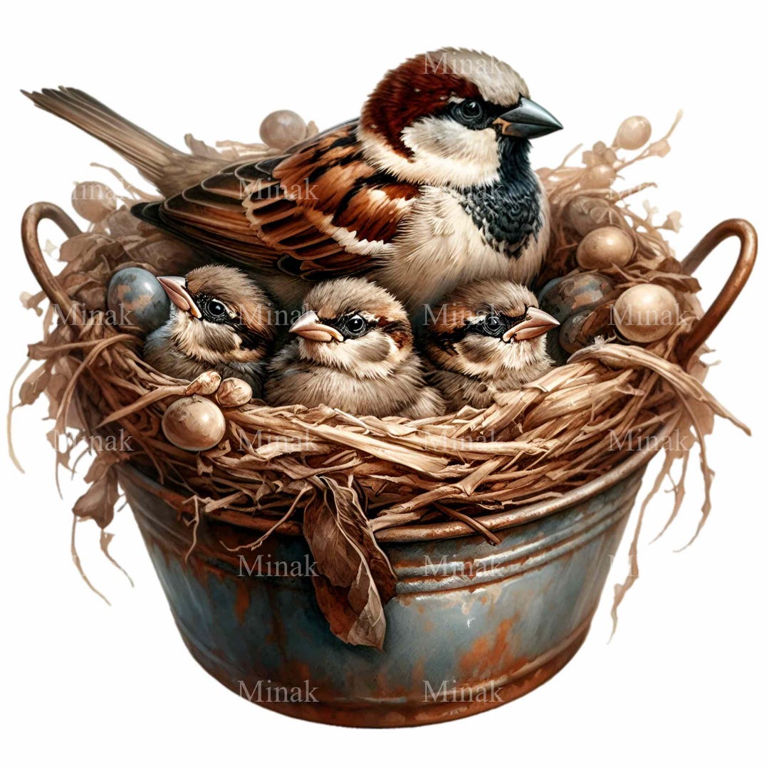 15 Rustic Sparrow Nest PNG Clipart, Bird Family in Metal Bucket ...