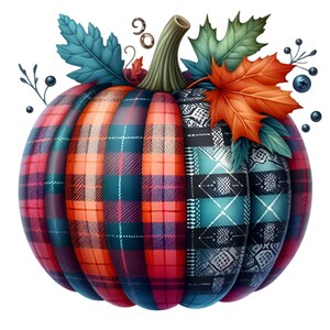 Plaid Pumpkin Clipart With Autumn Leaves and Wheat, Rustic Fall Decor ...
