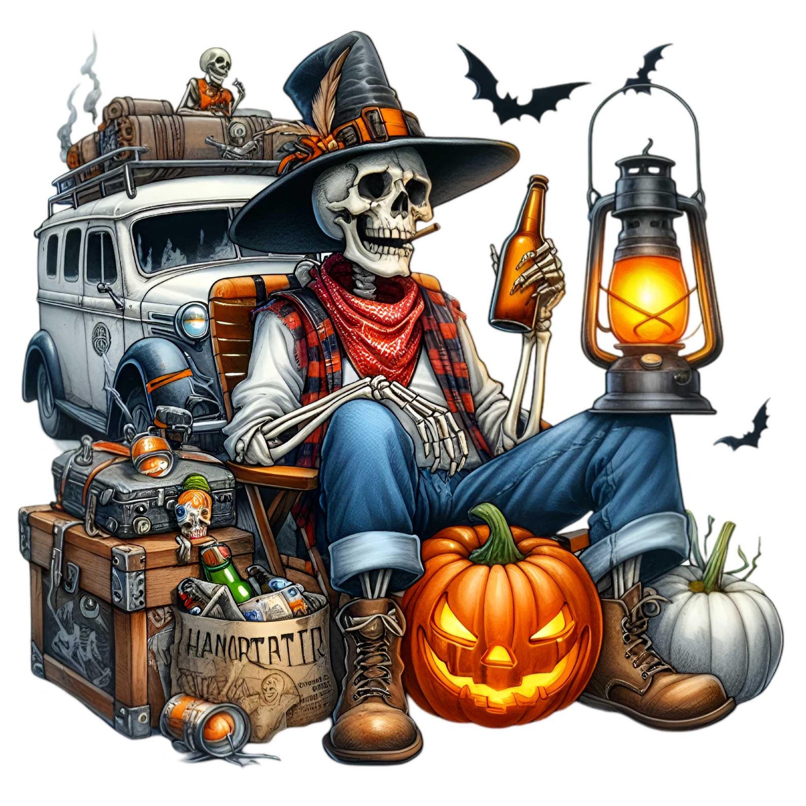 Spooky Skeleton Camper Clipart PNG 12 Halloween Road Trip With Pumpkin ...