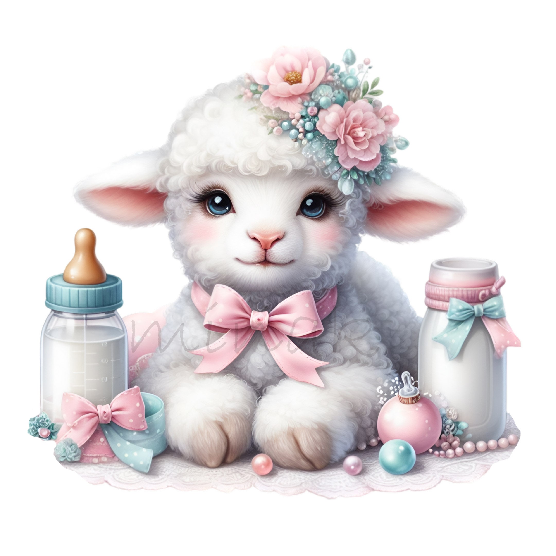 10 PNG Baby Lamb Clipart – Floral Bow Lamb Illustration With Bottle ...