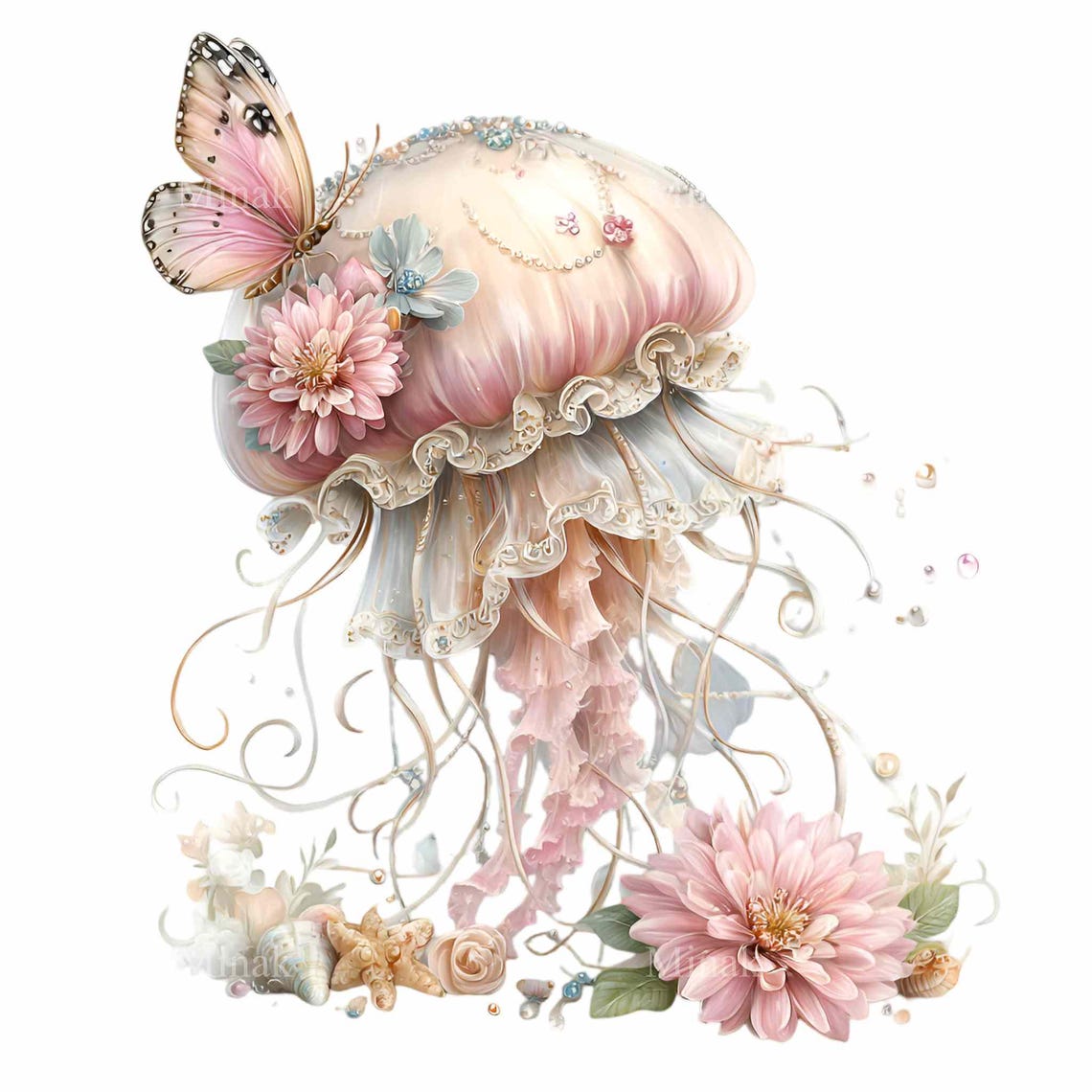 16 PNG Jellyfish Girl Floral Ocean Clipart, Pink Sea Creature Fairy ...
