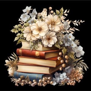 Vintage Book Stack PNG Clipart | 10 Floral Books Arrangement | Elegant ...